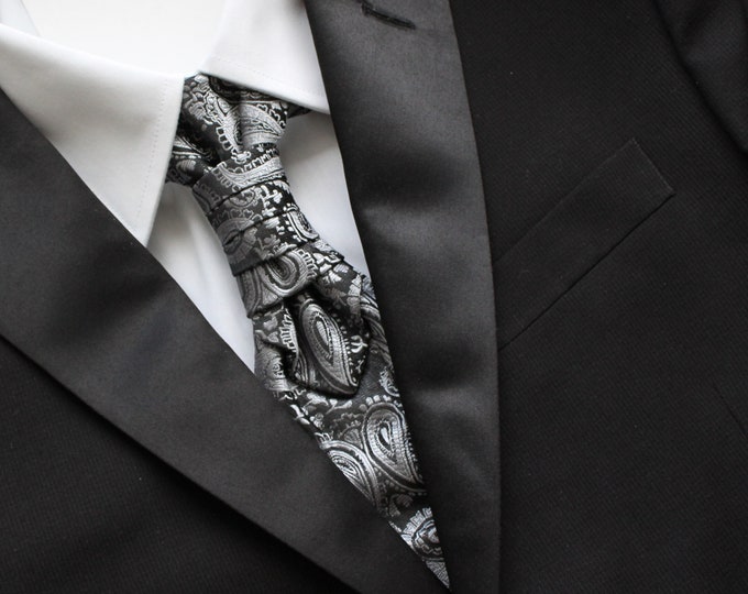 Grace Silver & Black Paisley Pre-tied Ruche Cravat Necktie Black Ascot ...