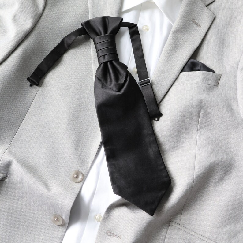 Ebony Black Solid Satin Pre-tied Ruche Cravat Necktie | Black Ascot ...