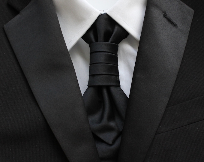 Ebony Black Solid Satin Pre-tied Ruche Cravat Necktie | Black Ascot ...