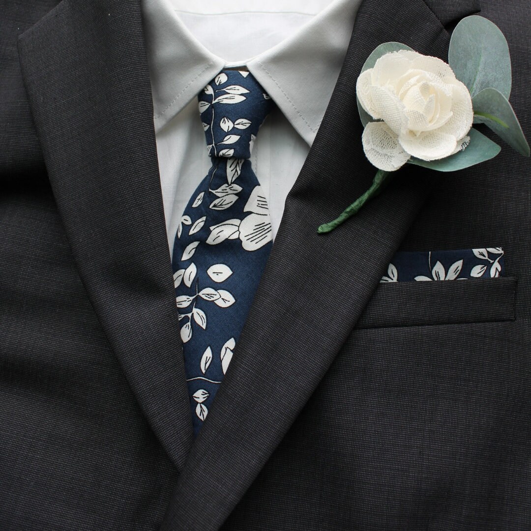 Casey Dark Blue Skinny Floral Tie | Navy Men's Necktie | Groom ...