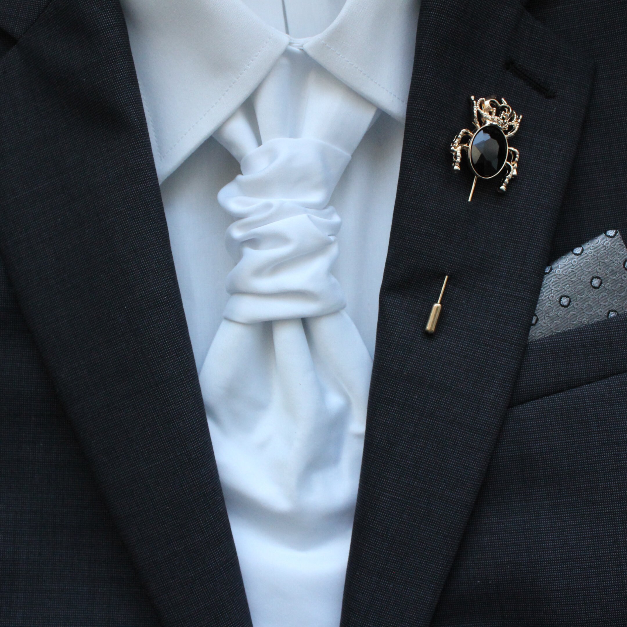 Aubrey Solid White Satin Pre-tied Ruche Cravat Necktie | White Ascot ...