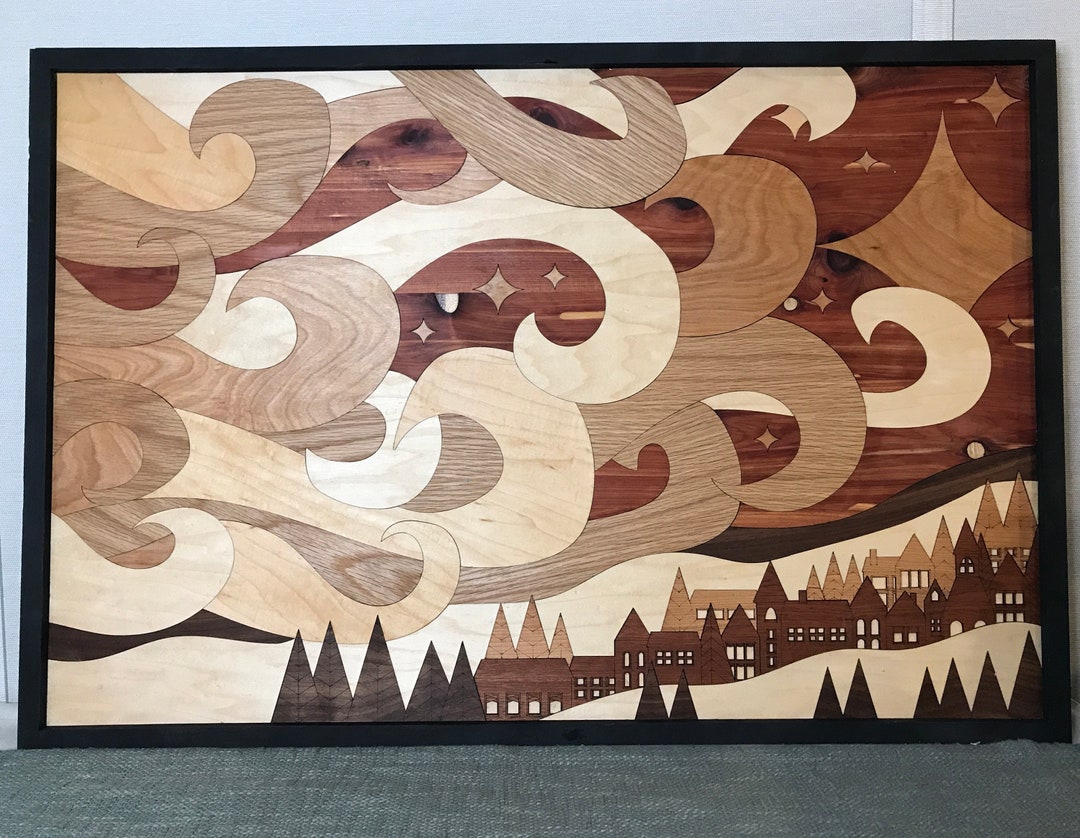 Windy Village Wood Wall Art, Art Piece, Alpine Landscape, Wooden ...