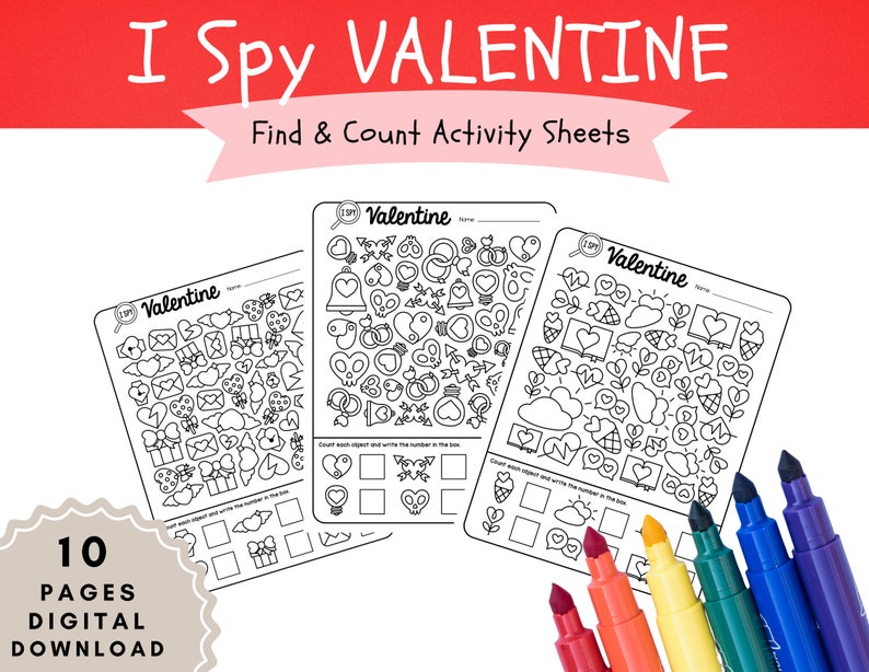 I Spy Valentine's Day Coloring Pages Print and Play Kids Find and Count ...