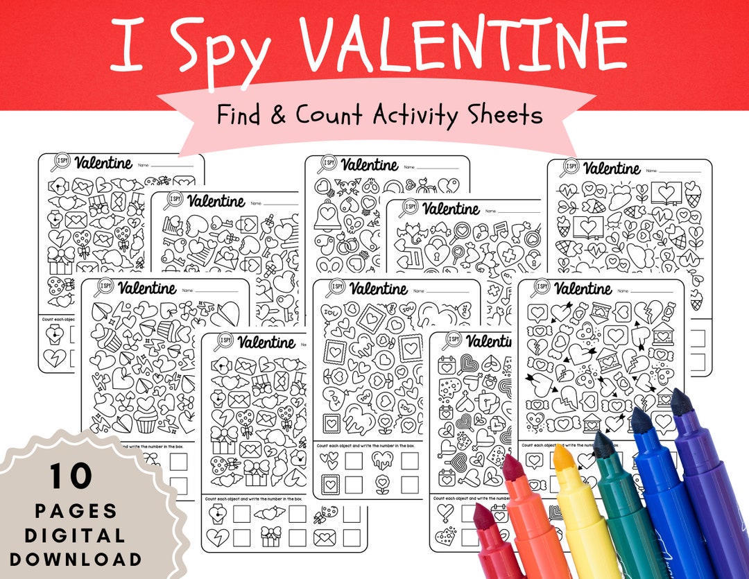 I Spy Valentine's Day Coloring Pages Print and Play Kids Find and Count ...