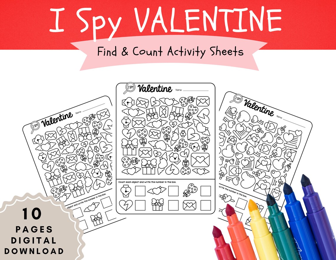 I Spy Valentine's Day Coloring Pages Print and Play Kids Find and Count ...