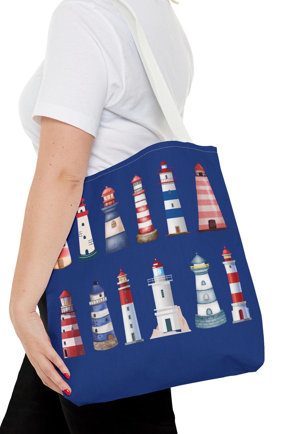 Blue Tote Bag With Lighthouses, Beach Tote, Nautical Tote, Summer Tote ...