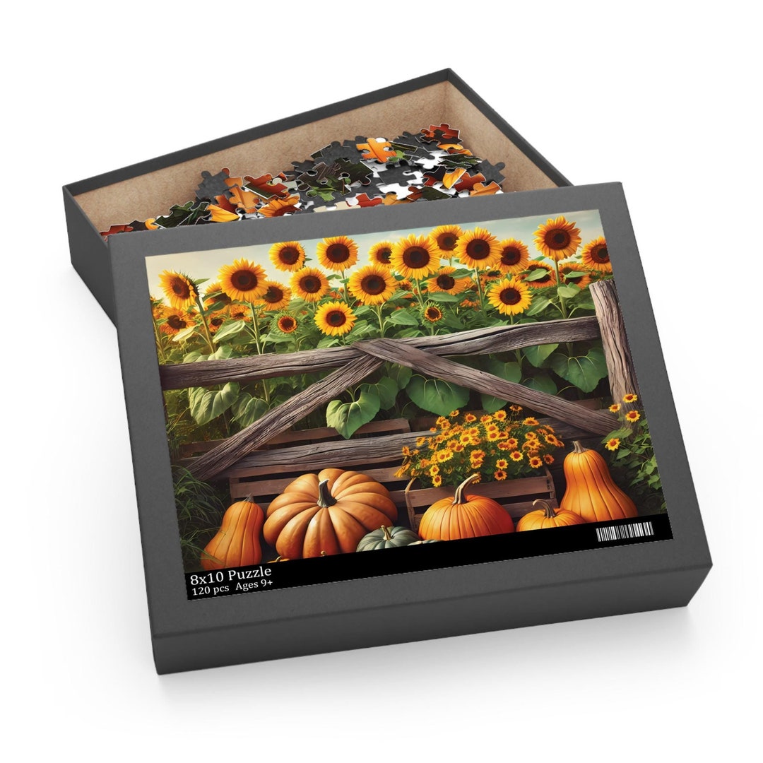 Field of Sunflowers Puzzle, Autumn Pumpkins and Flowers, Puzzle 500 ...