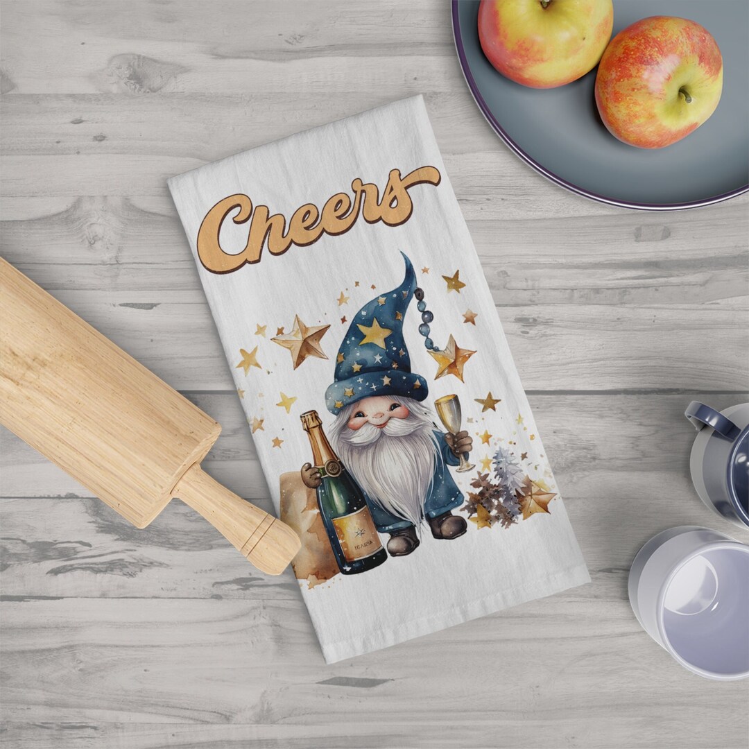 New Year's Kitchen Towel, New Year's Eve Kitchen Decor, NYE Gnome Tea Towel, Celebration Holiday ...