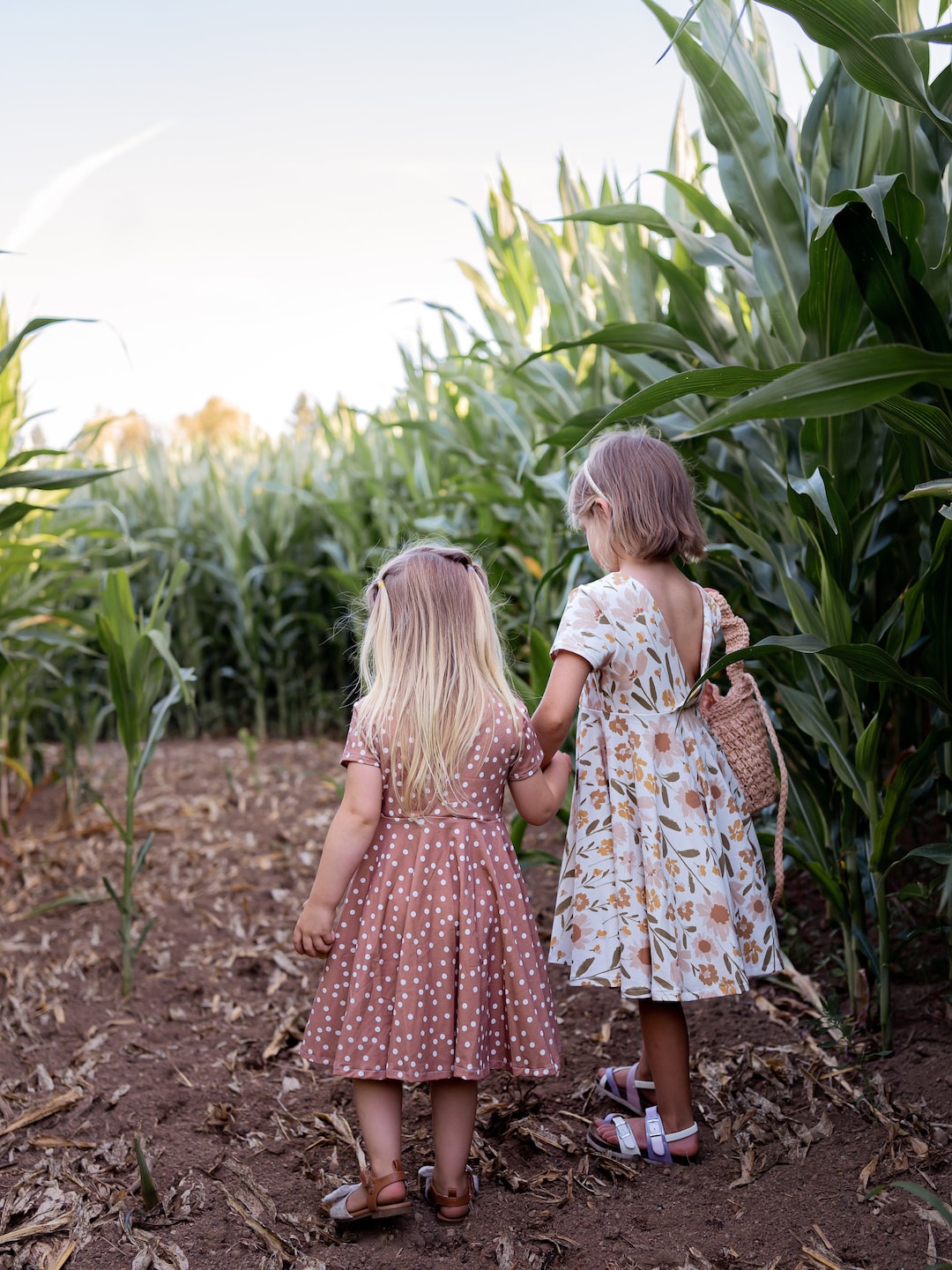 Organic Cotton Garden Flowers Fall Twirl Dress for Girls, Coordinating ...