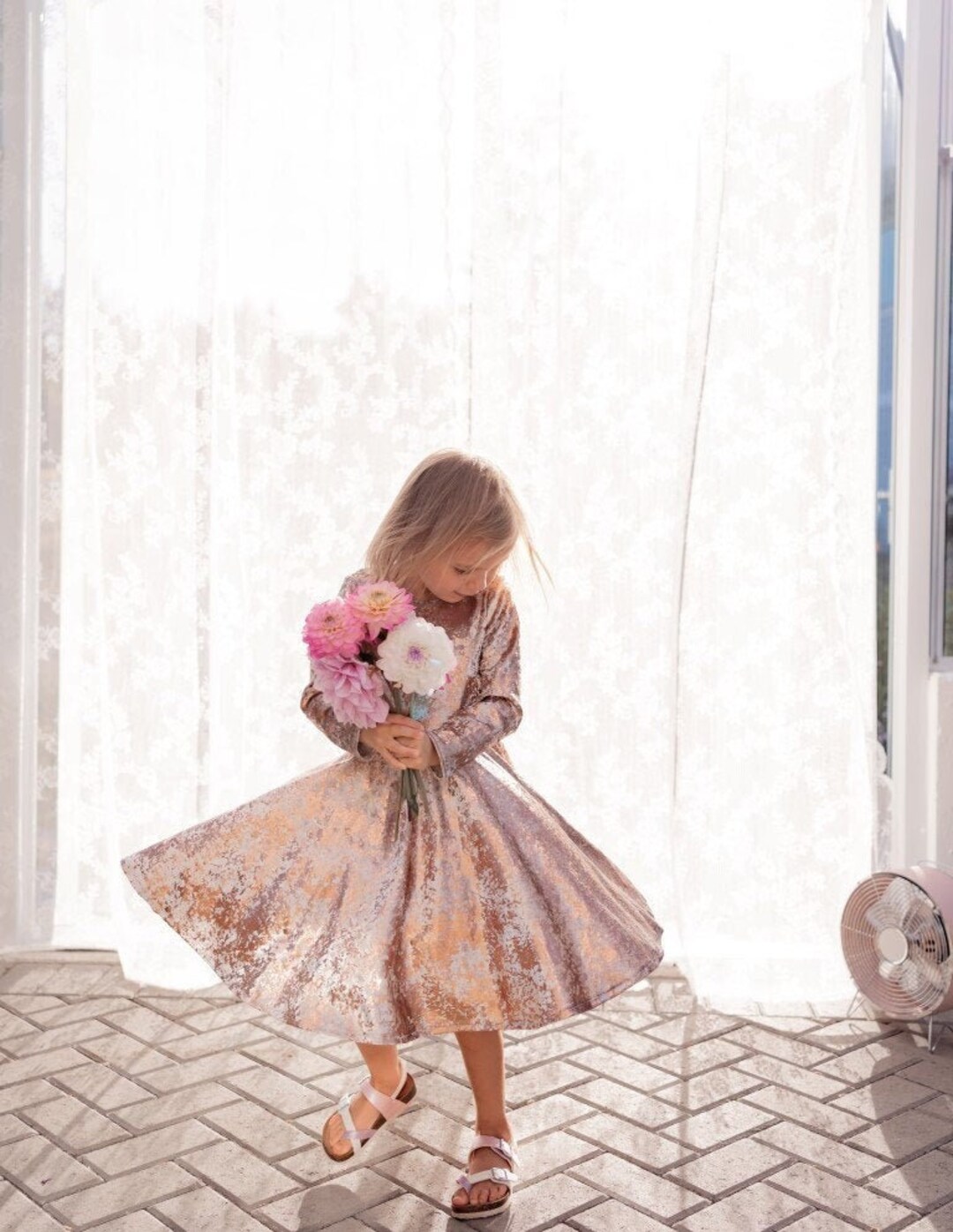 Ivory and Rose Gold Foil Velvet Girls Twirl Dress, Modern Toddler ...
