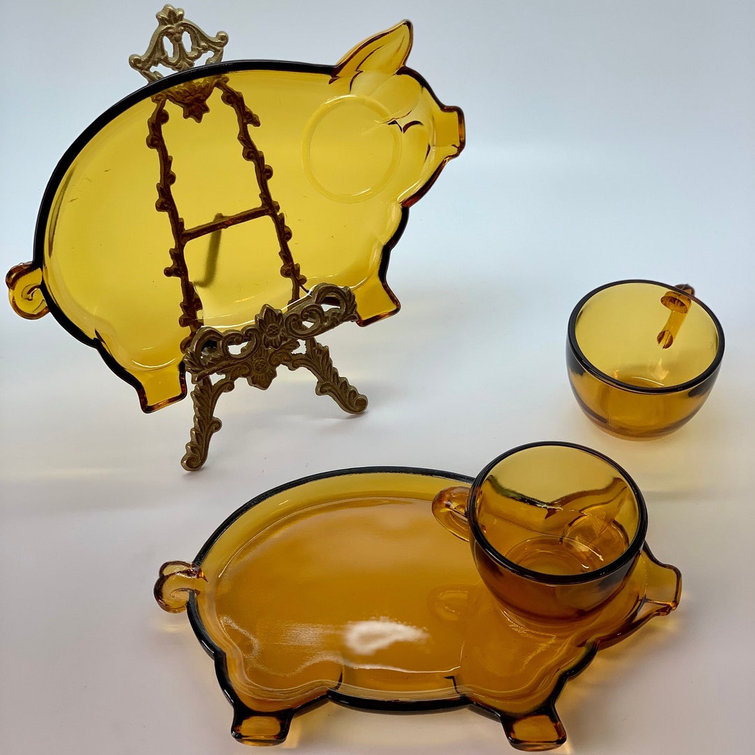 Vintage Amber Glass Pig Snack Plate and Cup Set of 2 Tiara Indiana - Etsy