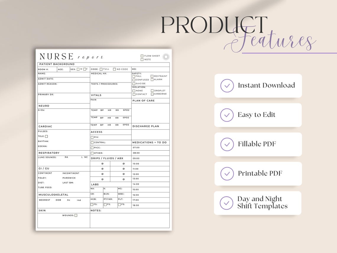 Nurse Med Surge Report Sheet | Day & Night Shift Template | Fillable ...
