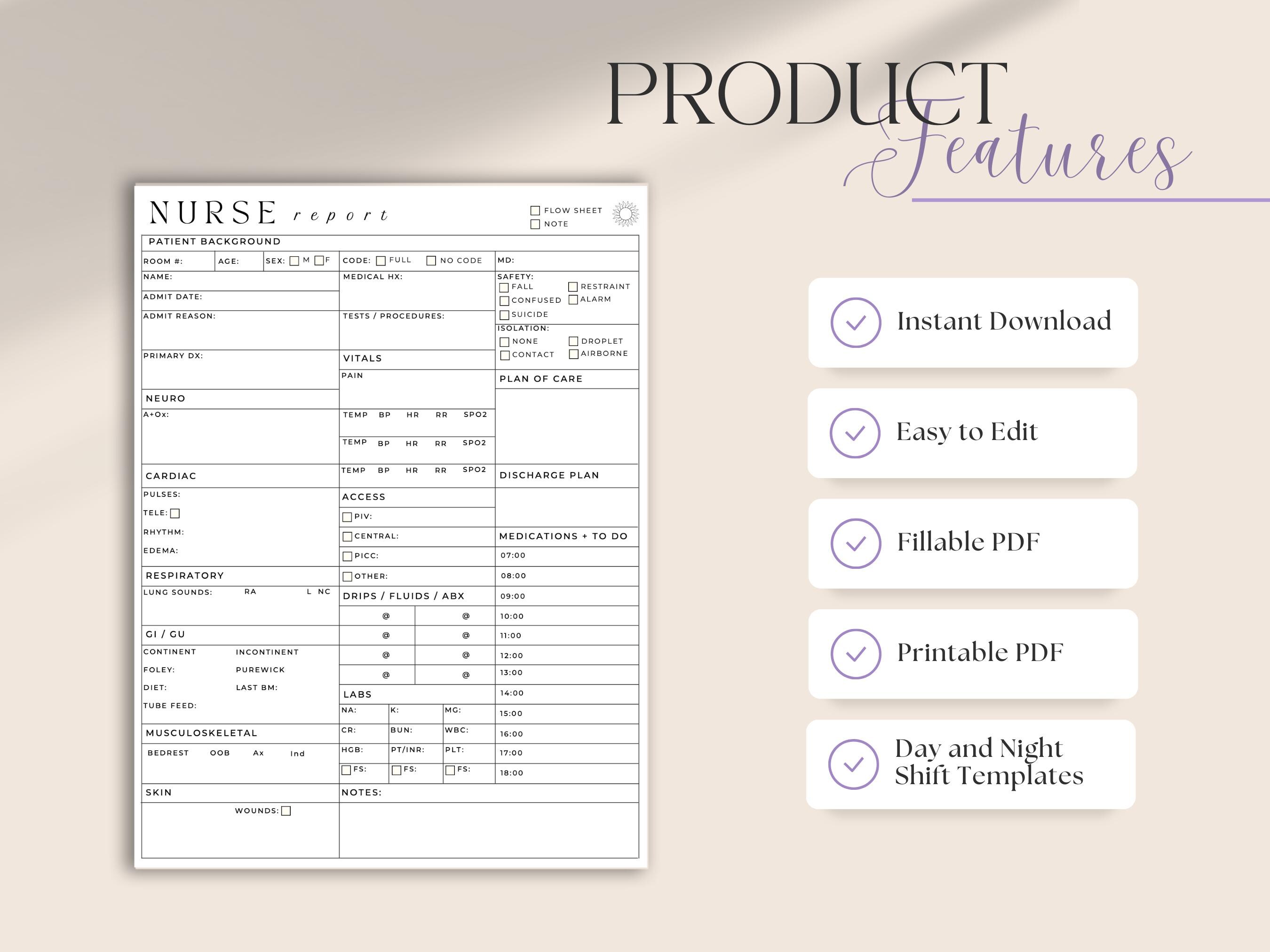 Nurse Med Surge Report Sheet | Day & Night Shift Template | Fillable ...