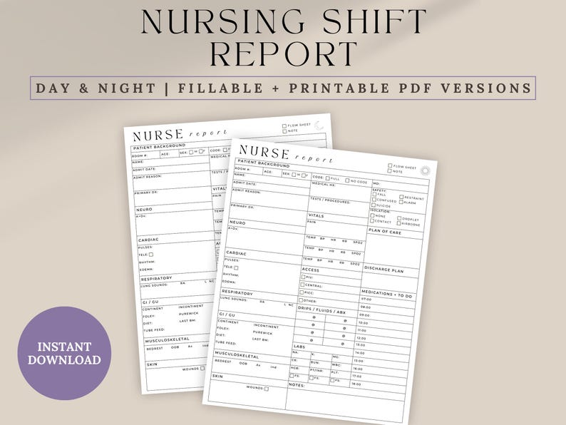 Nurse Med Surge Report Sheet | Day & Night Shift Template | Fillable ...