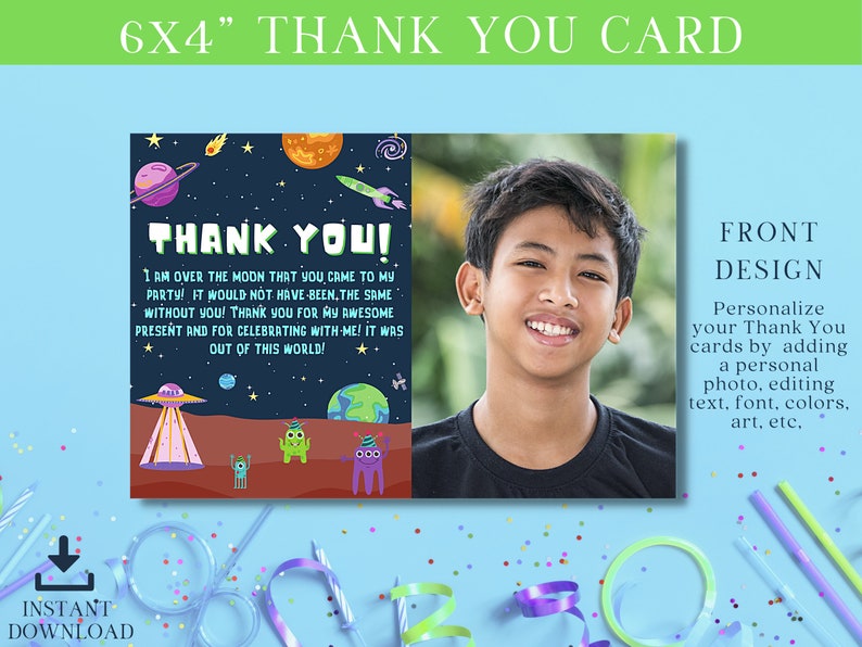 Space Alien Kids Birthday Thank You Card 7x5 Red Planet Mars - Etsy