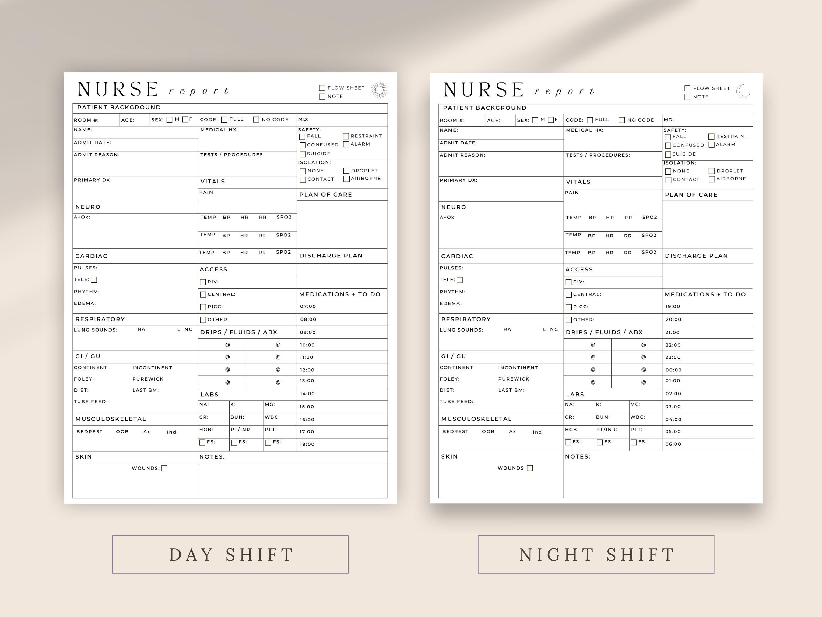 Nurse Med Surge Report Sheet | Day & Night Shift Template | Fillable ...