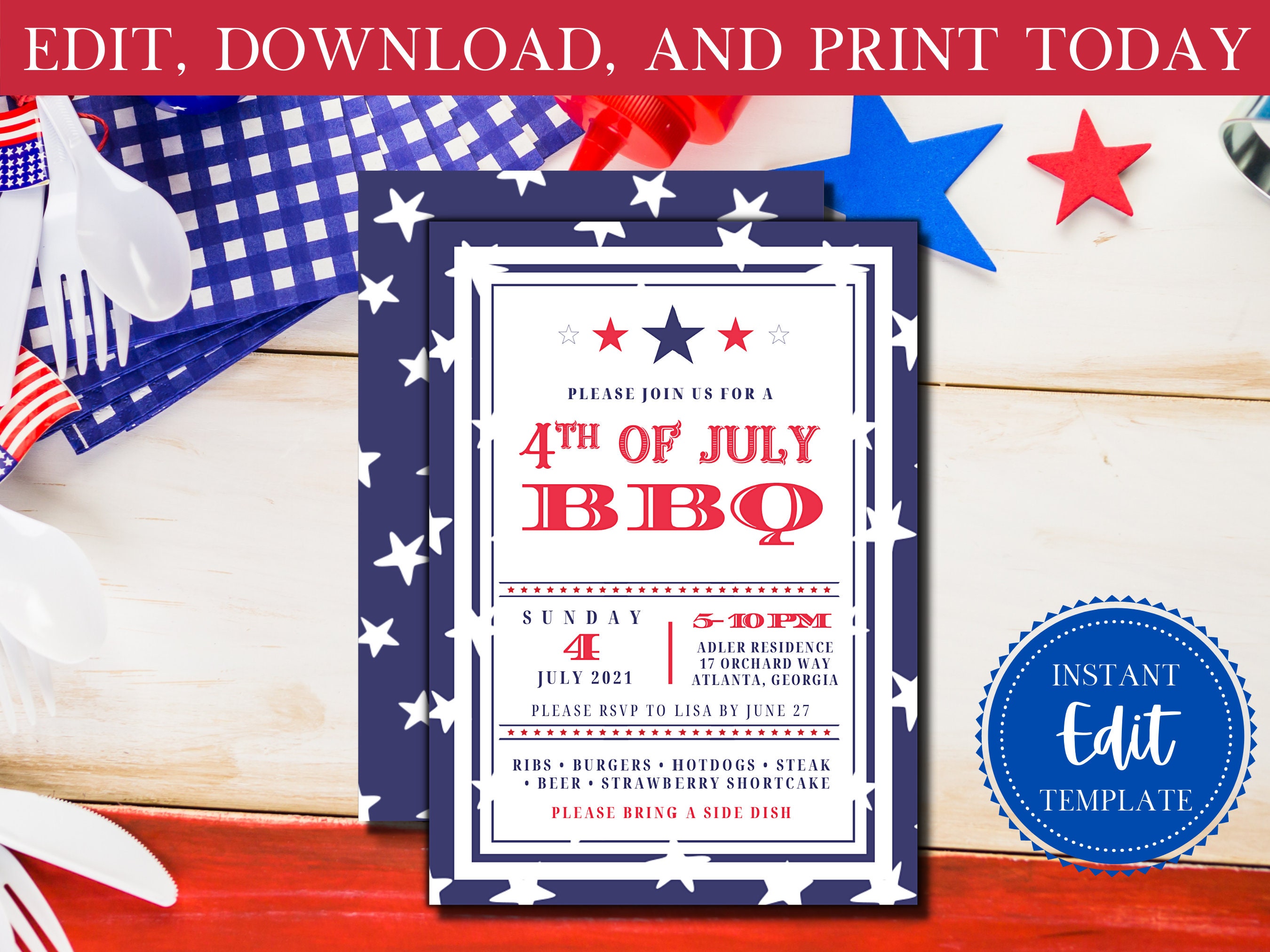 5x7 Red White Blue Barbecue Invite Printable DIY Patriotic July Fourth ...