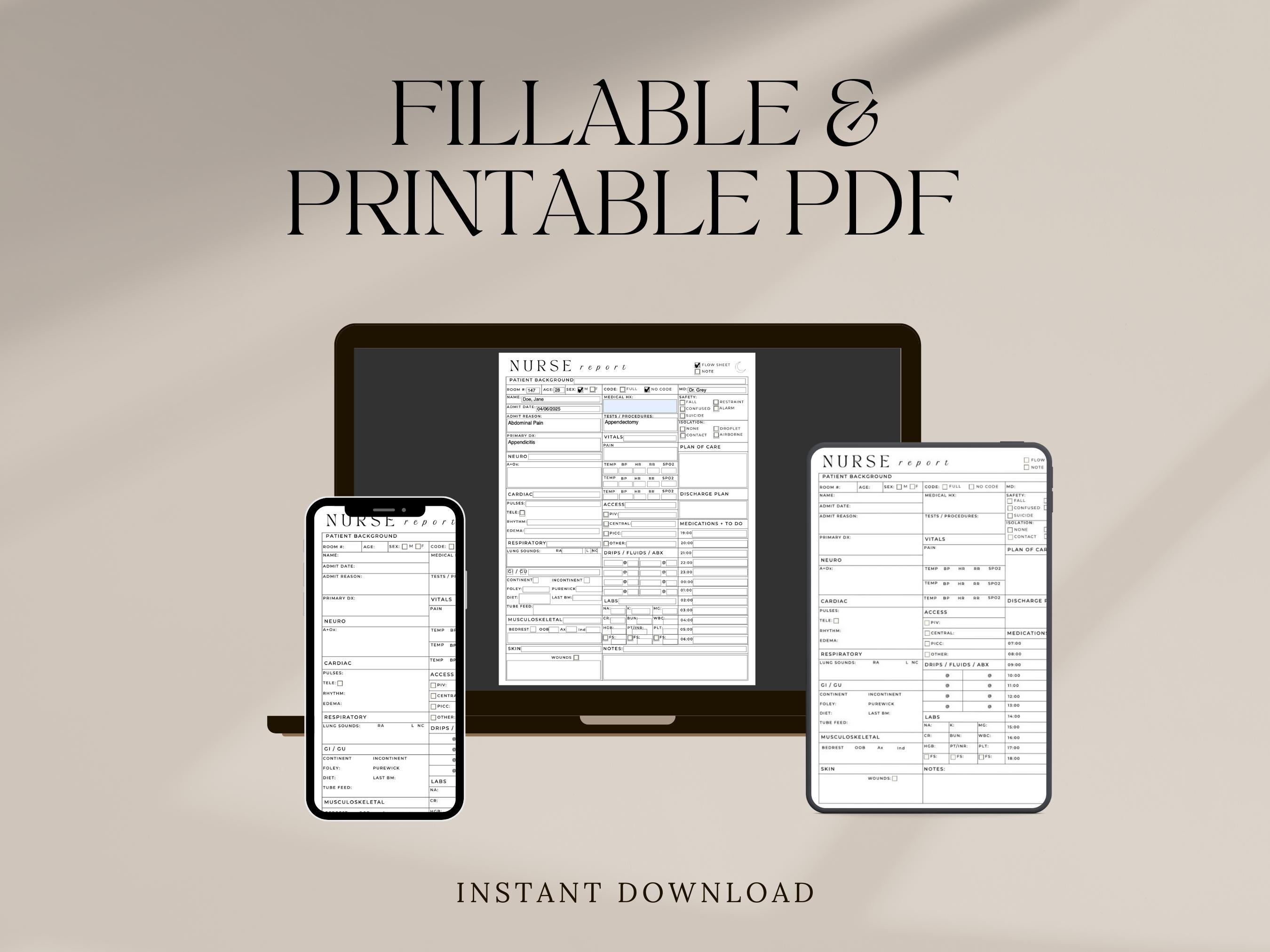Nurse Med Surge Report Sheet | Day & Night Shift Template | Fillable ...