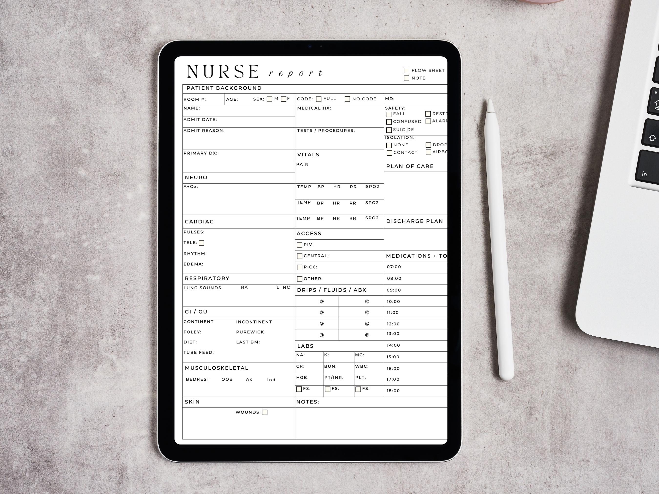 Nurse Med Surge Report Sheet | Day & Night Shift Template | Fillable ...