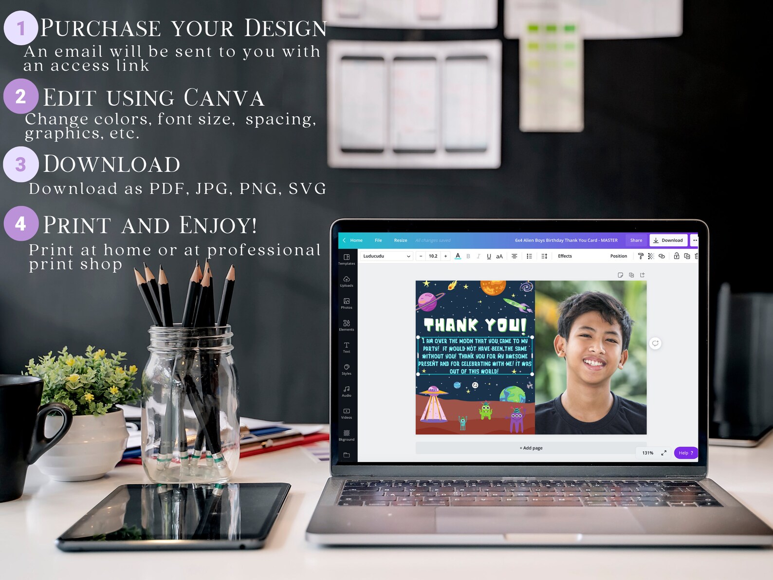 Space Alien Kids Birthday Thank You Card 7x5 Red Planet Mars - Etsy