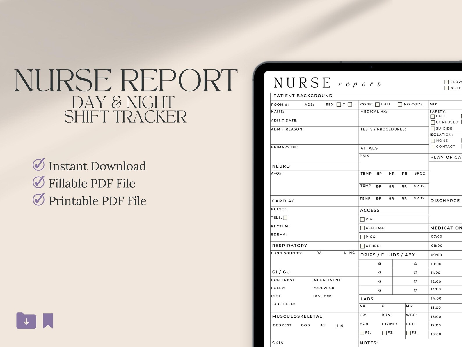Nurse Med Surge Report Sheet | Day & Night Shift Template | Fillable ...