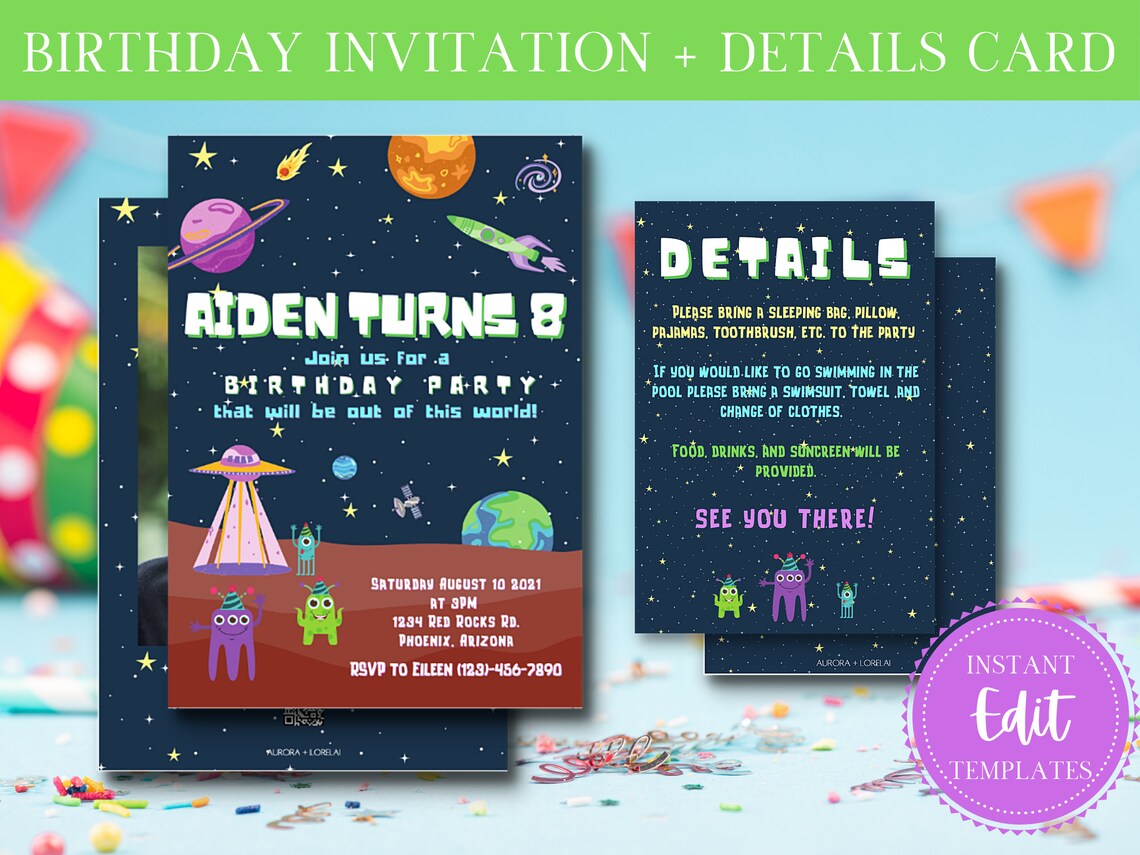 Alien Birthday Invitation and Detail Card Set Outer Space - Etsy