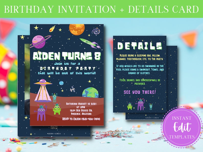 Alien Birthday Invitation and Detail Card Set Outer Space - Etsy