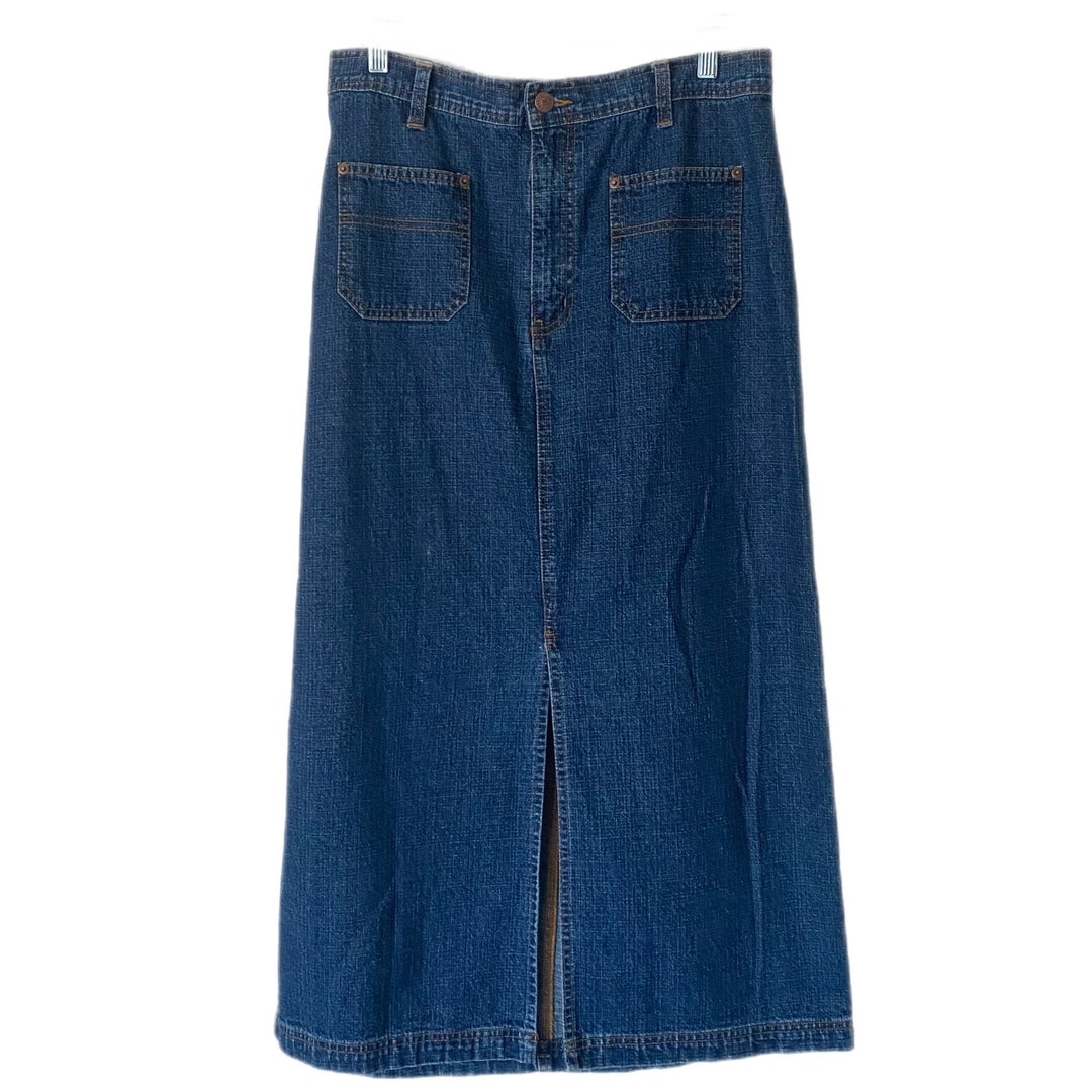 BILL BLASS Denim Skirt Midi Vintage Front Zip High Slit Pockets Sz 12 ...