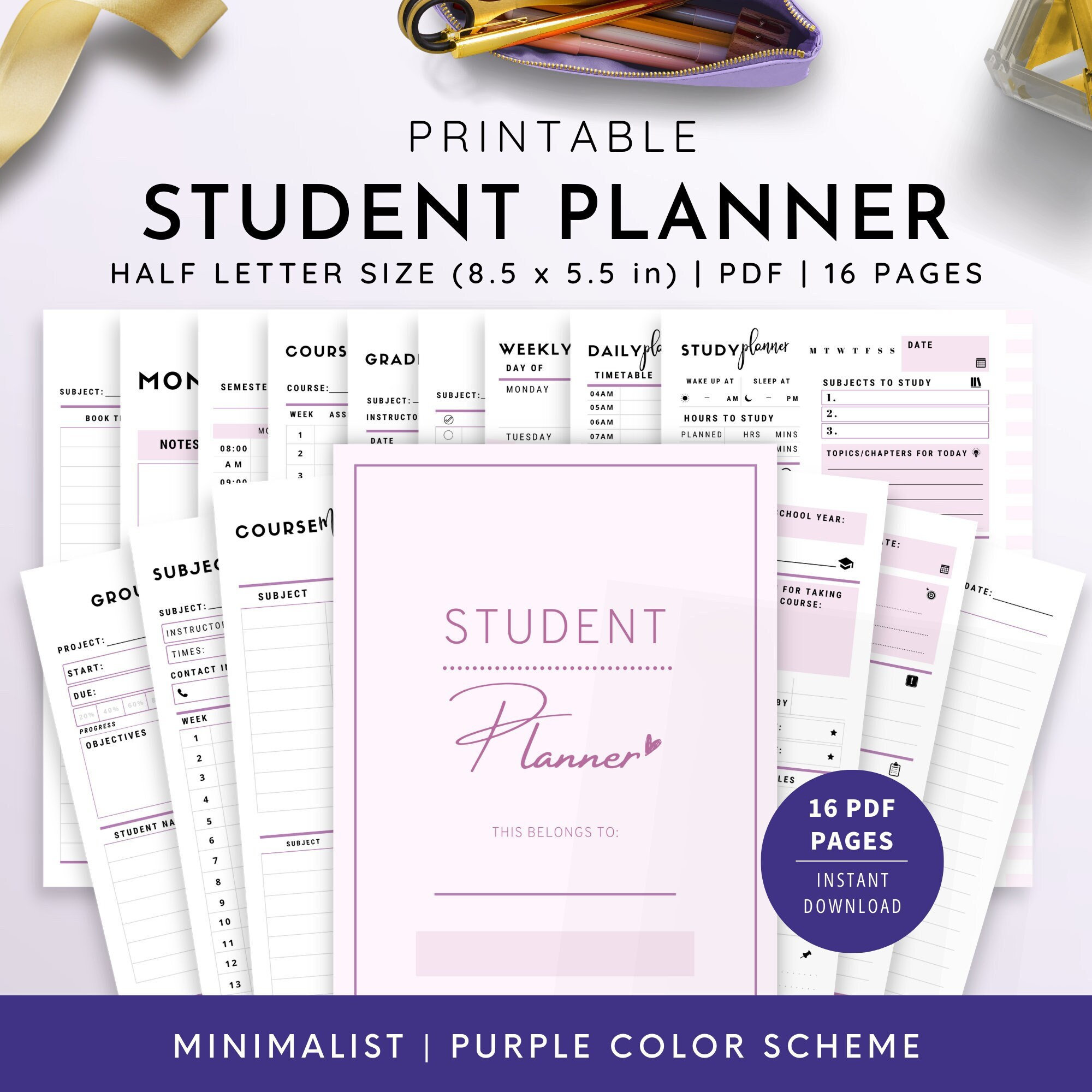 Half Letter, Student Planner Printable , Study Planner, School Planner ...