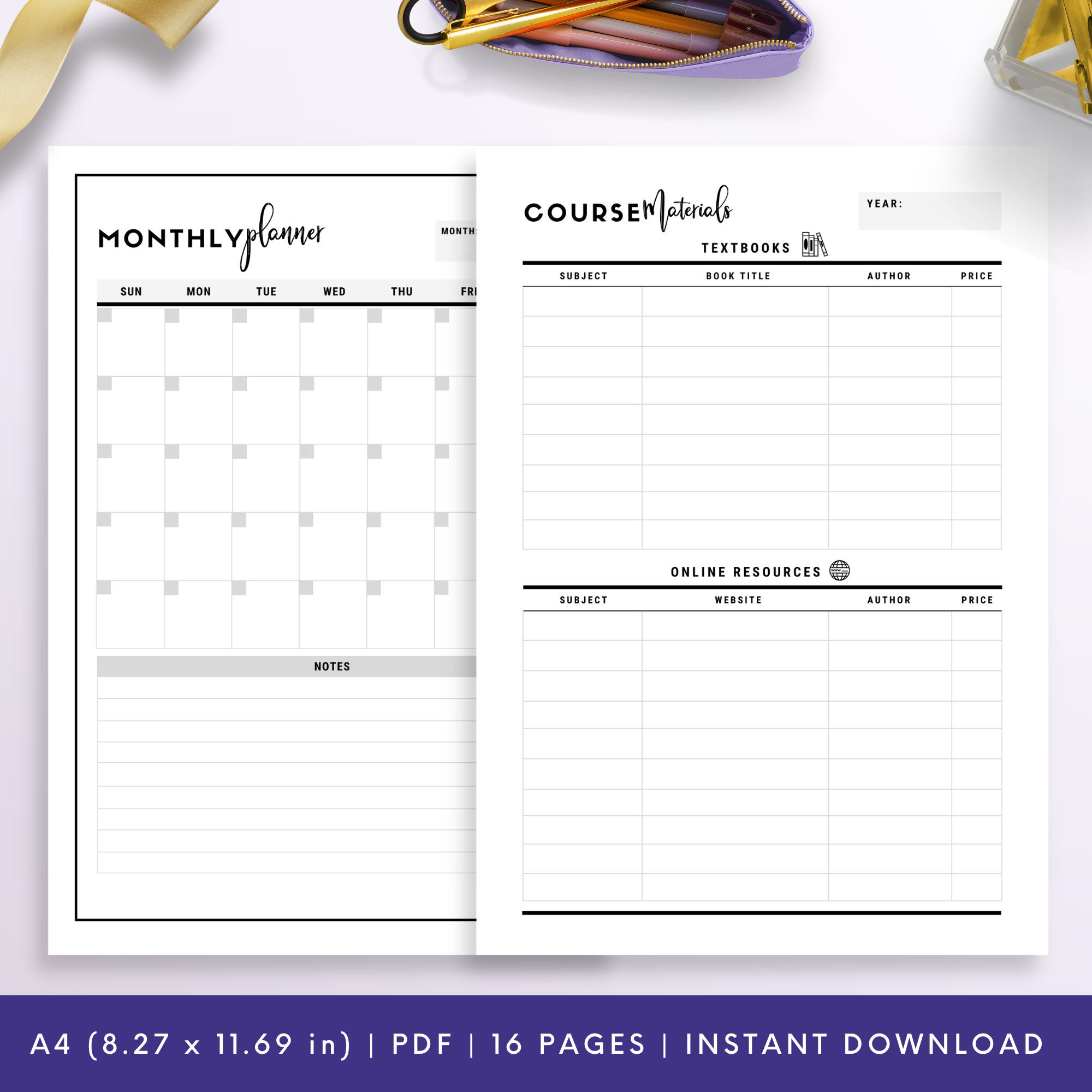 A4, Student Planner Printable , Study Planner, School Planner, College ...
