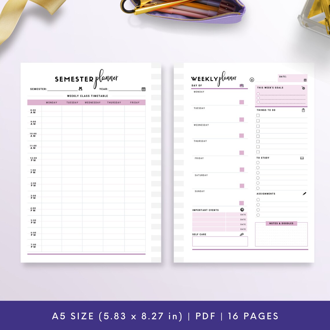 A5, Student Planner Printable (lavender), Study Planner, School Planner ...