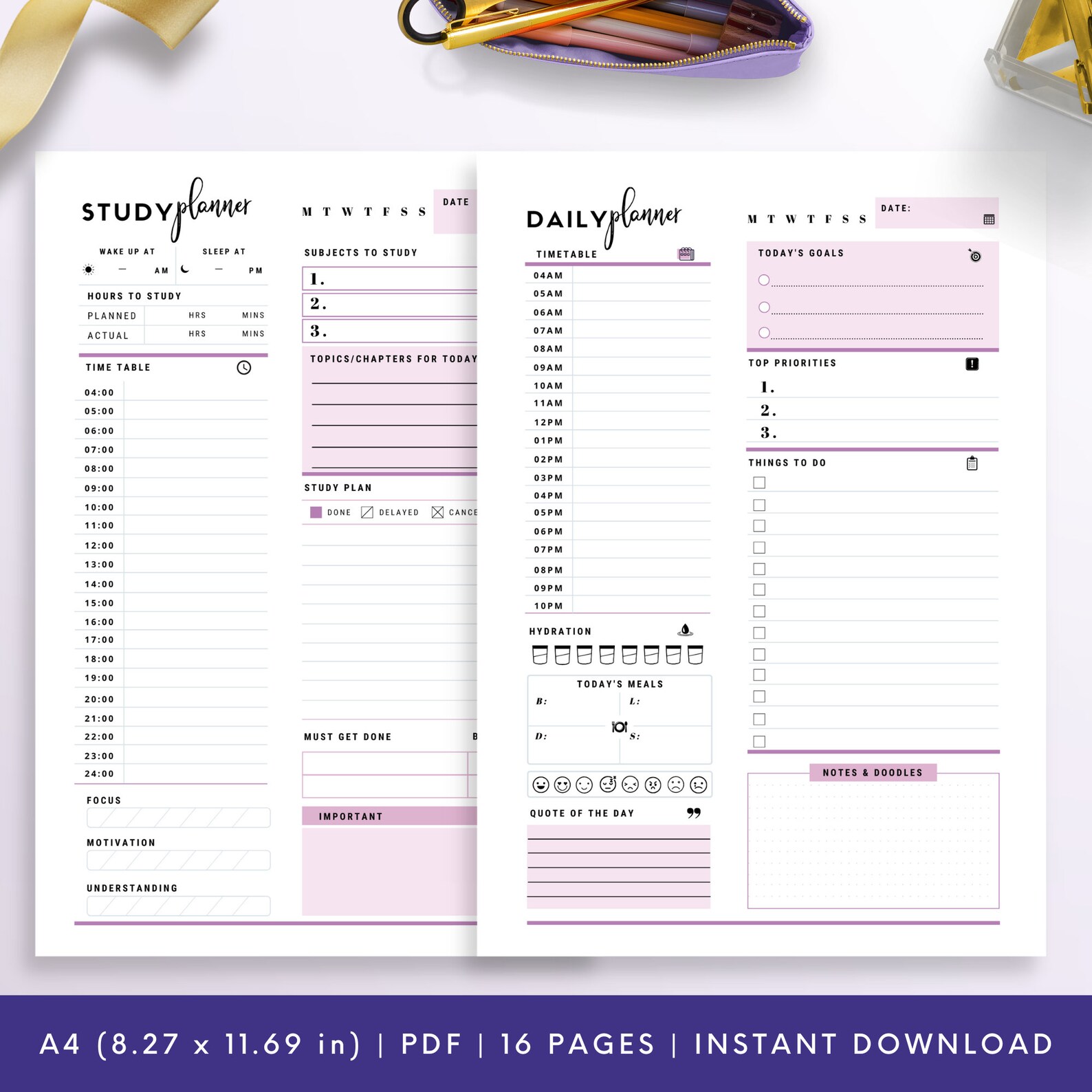 A4, Student Planner Printable (lavender), Study Planner, School Planner ...