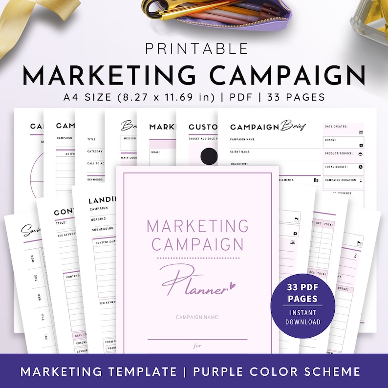 A4, Marketing Campaign Planner, 33 Pages, Marketing Campaign Templates ...