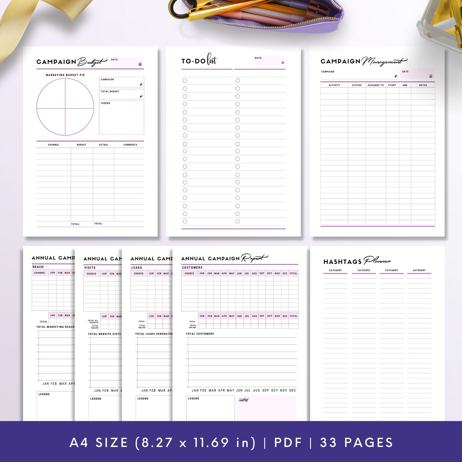 A4, Marketing Campaign Planner, 33 Pages, Marketing Campaign Templates ...