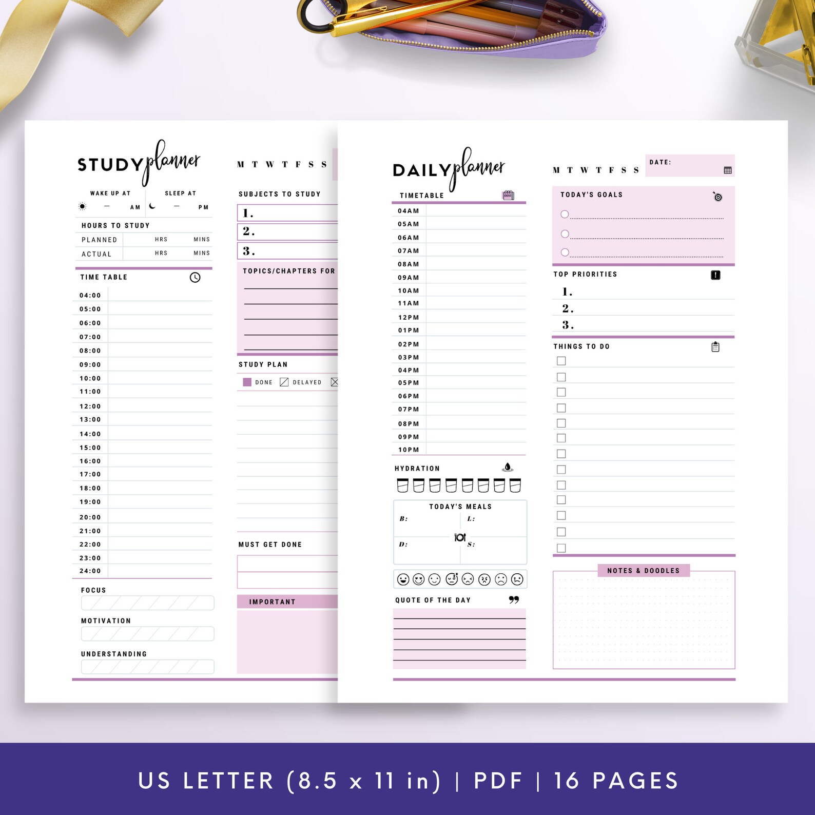 Letter Size, Student Planner Printable (lavender), Study Planner ...