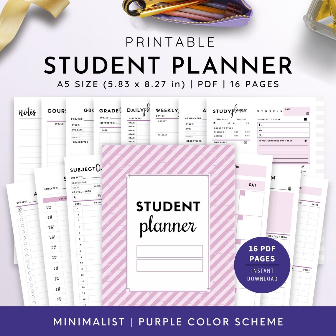 A5, Student Planner Printable (lavender), Study Planner, School Planner ...