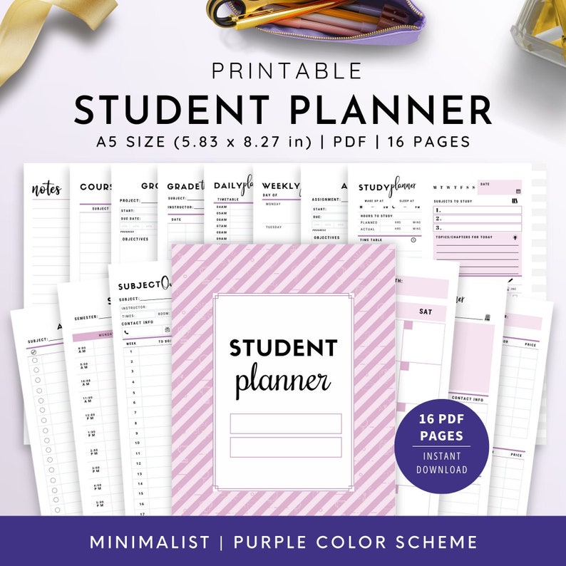 A5, Student Planner Printable (lavender), Study Planner, School Planner ...