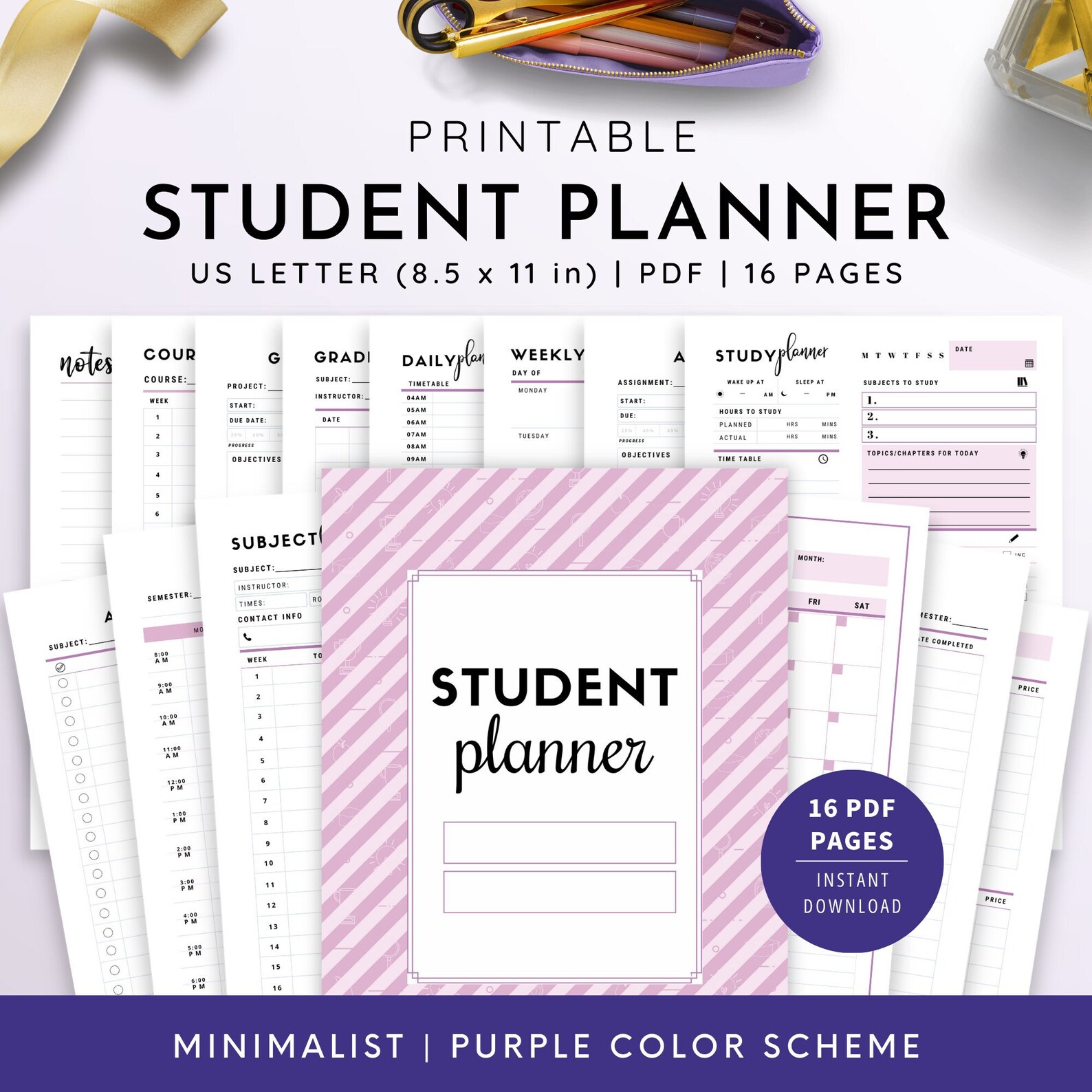 Letter Size, Student Planner Printable (lavender), Study Planner ...