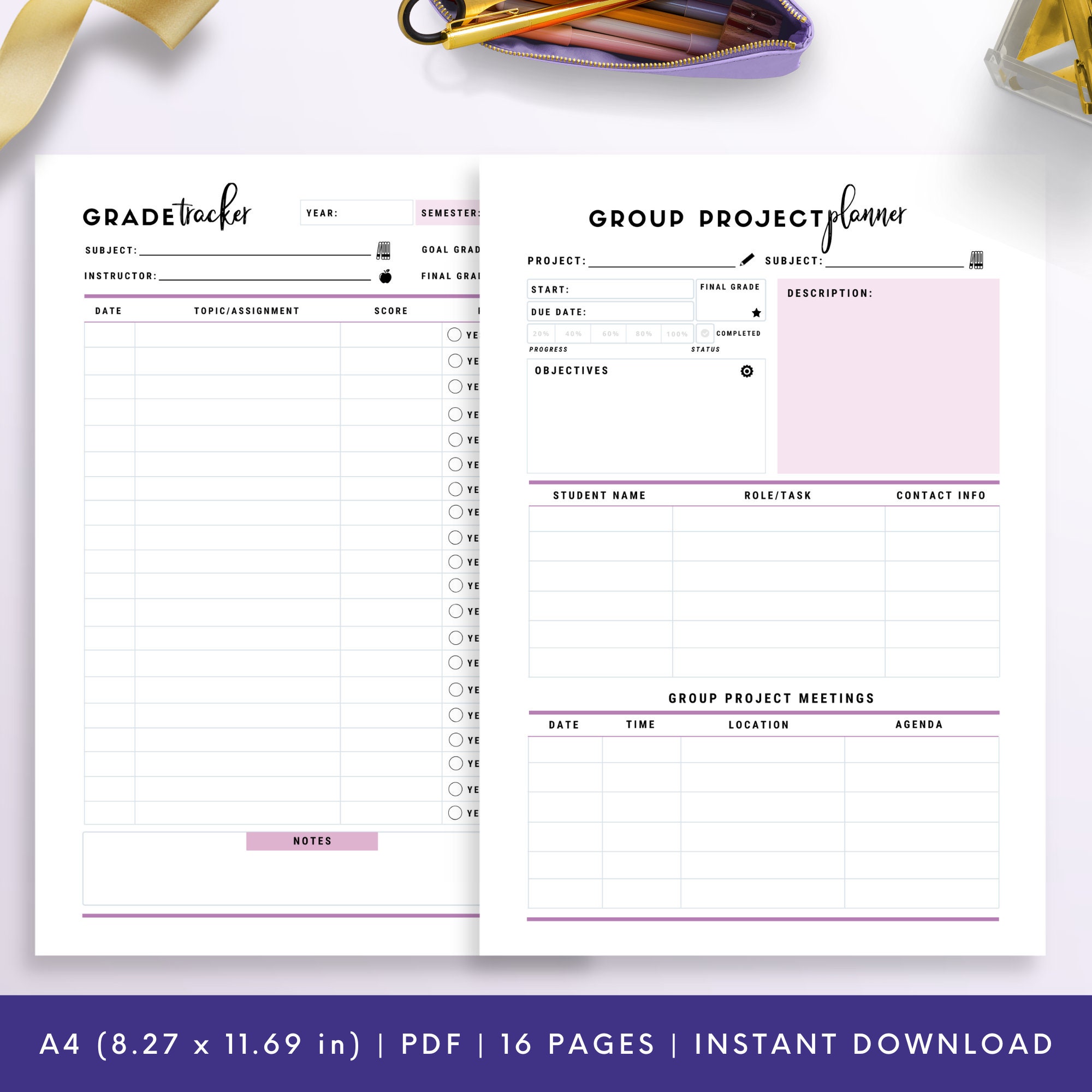 A4, Student Planner Printable (lavender), Study Planner, School Planner ...