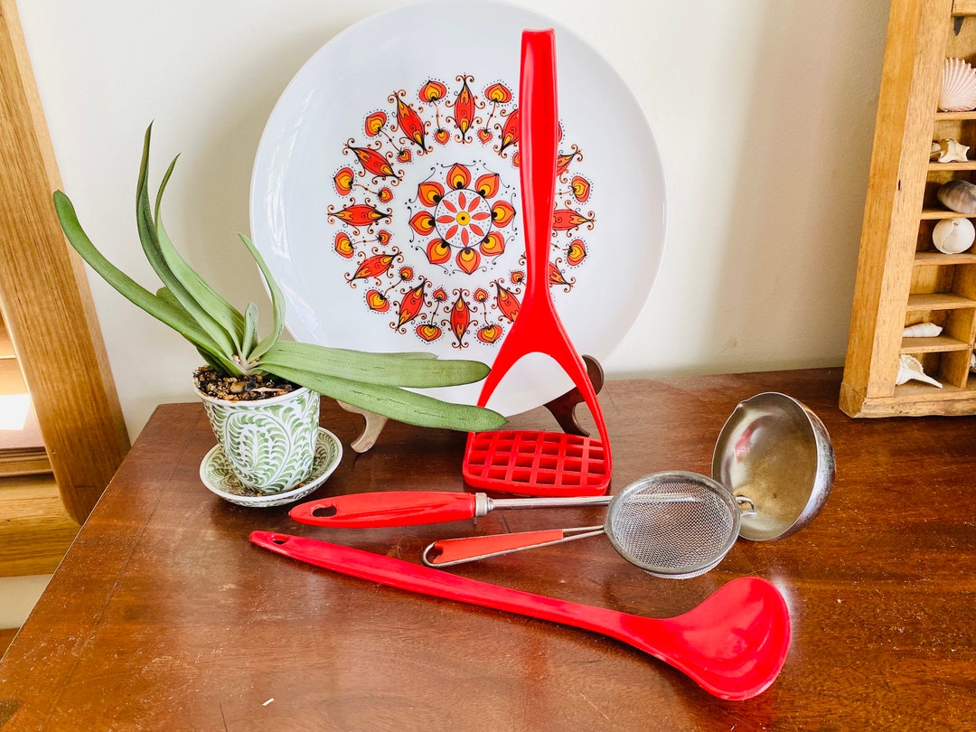 4 Assorted Red Kitchen Utensils. Potato Mashers Ladle Tea - Etsy