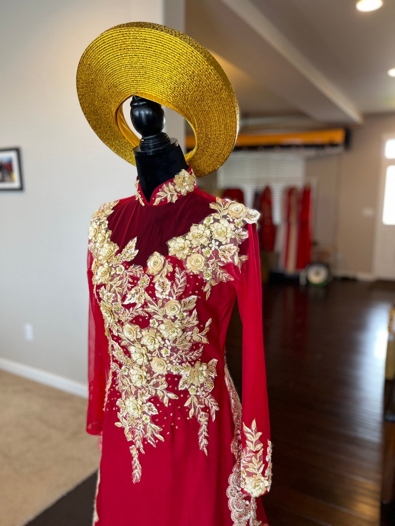 Vietnamese Wedding Ao Dai Long Dress Burgundy and Gold - Etsy