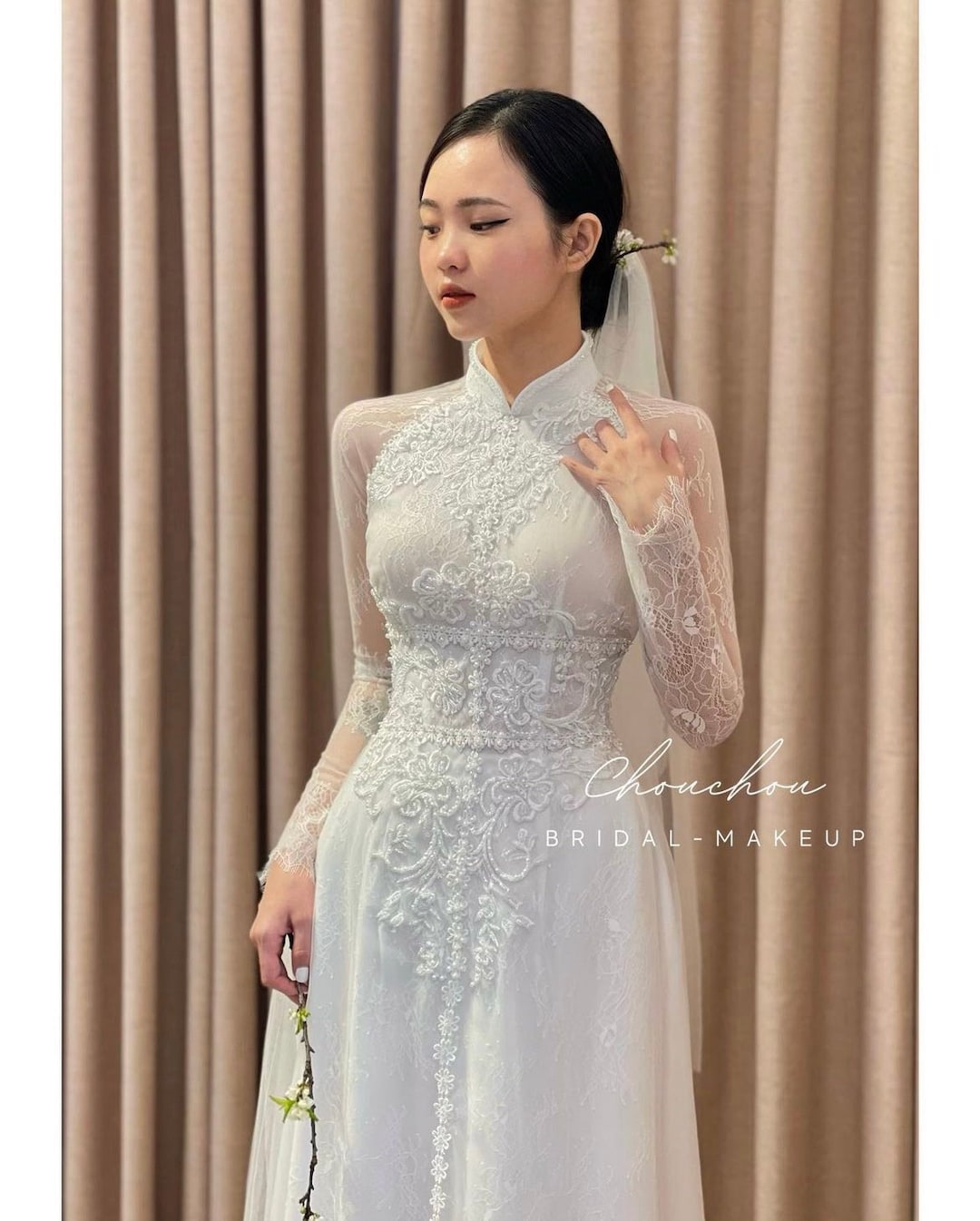 Vietnamese Wedding Ao Dai Long Dress, White, Hand-beading Detail ...