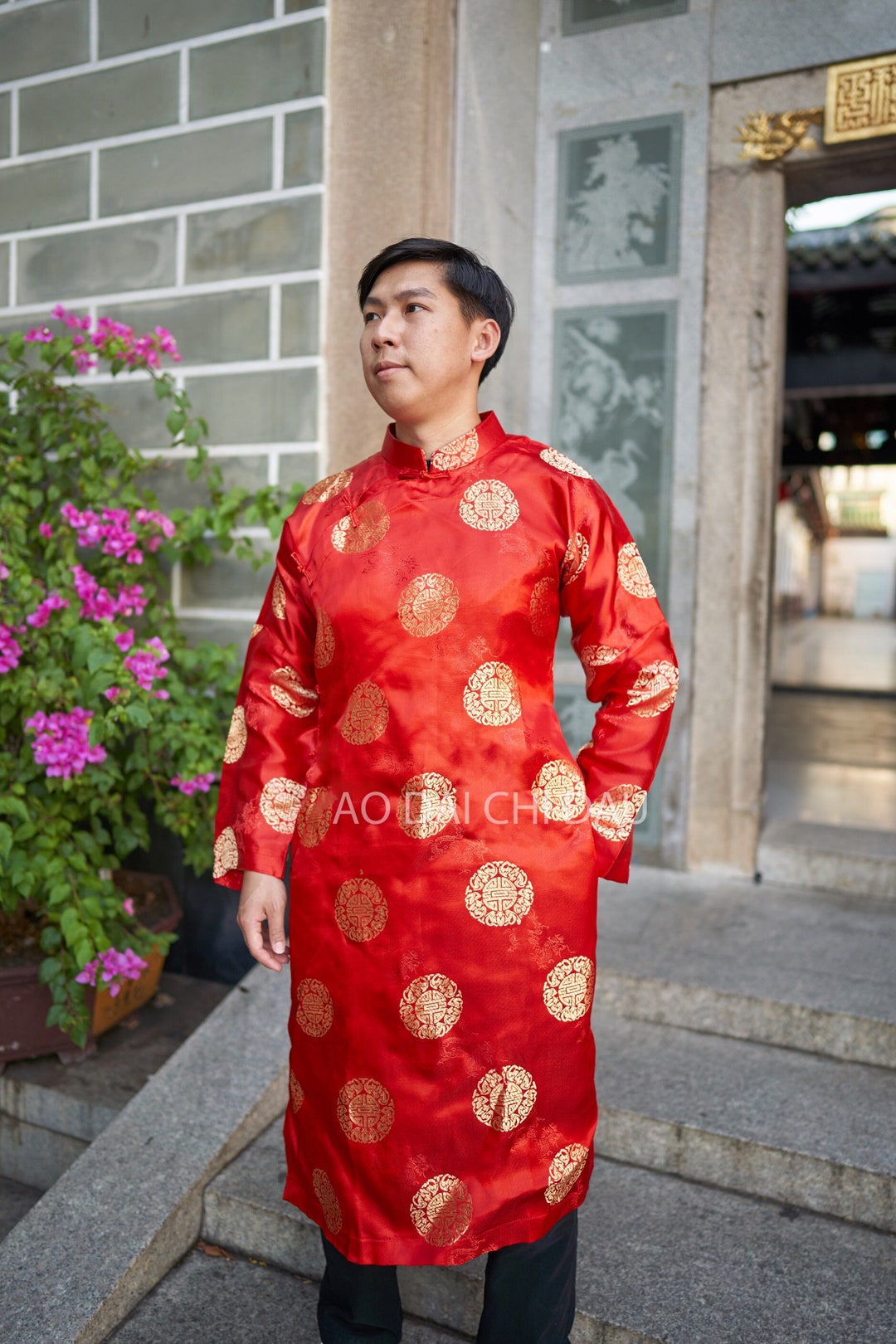 Vietnamese Traditional Men Ao Dai, in Red and Gold, Pre-made Sizes | Áo ...