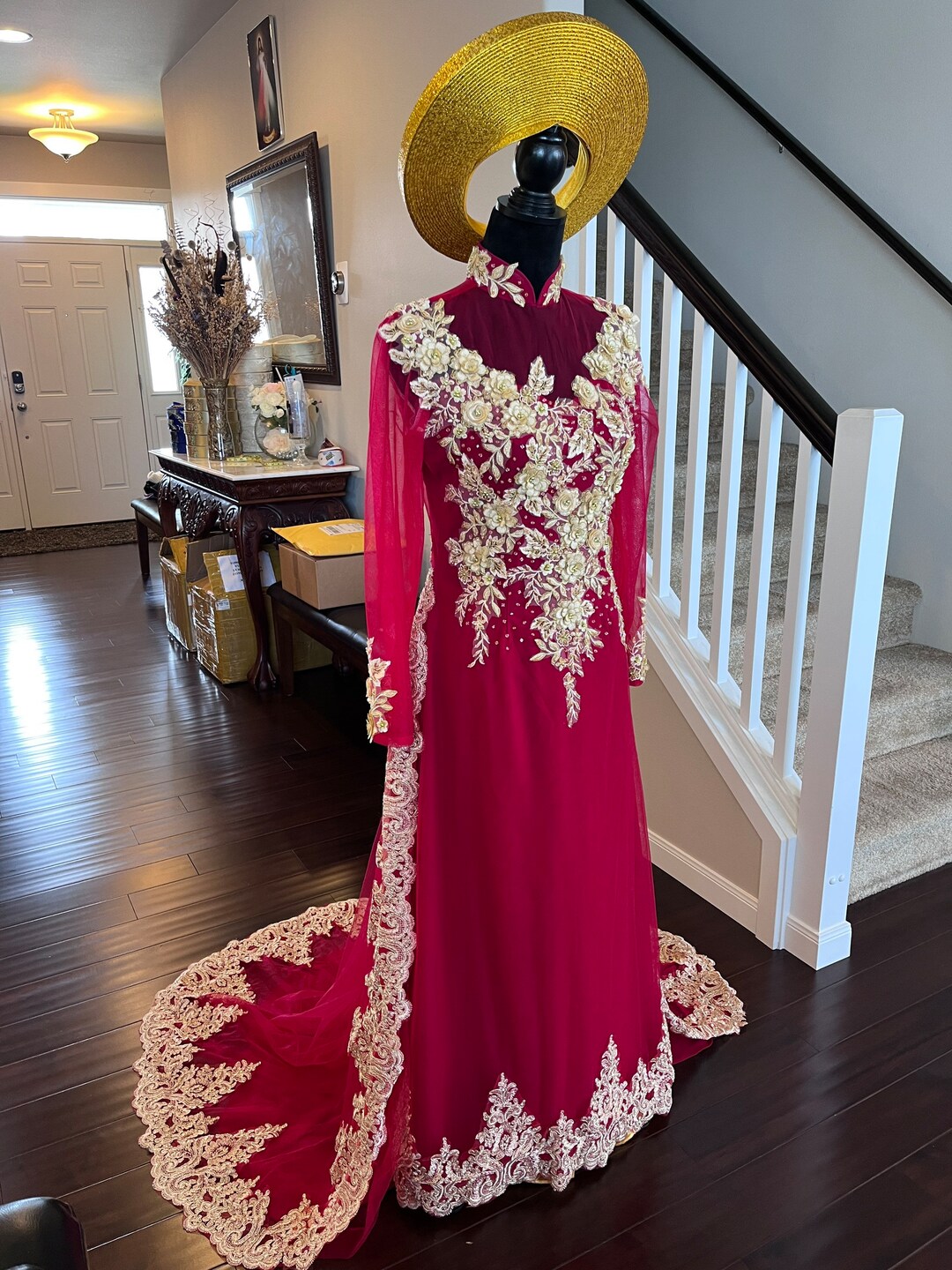 Vietnamese Wedding Ao Dai Long Dress, Burgundy and Gold, Hand-beading Details, Custom Size, With ...