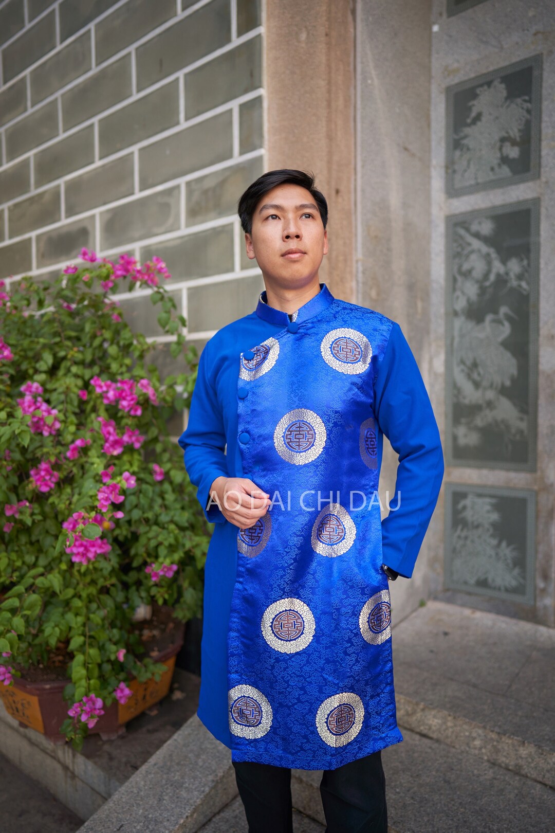 Vietnamese Modernized Men Ao Dai With Headpiece, in Blue and Gold, Pre ...