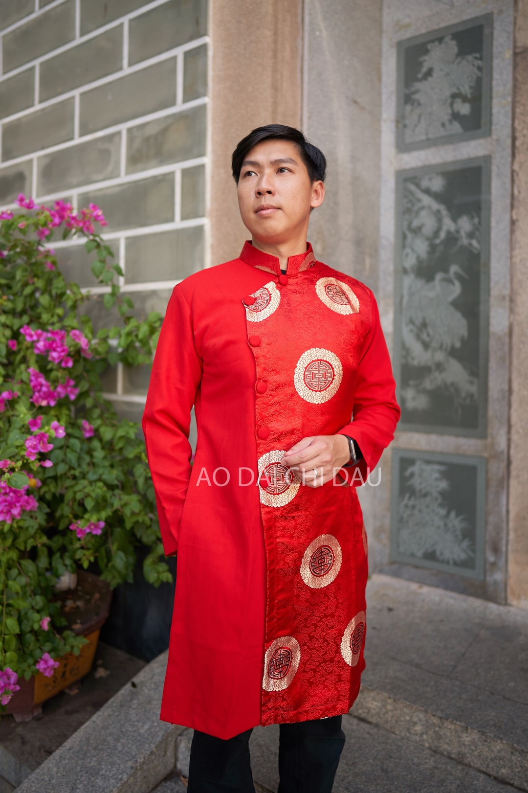 Vietnamese Modernized Men Ao Dai, in Red and Gold, Pre-made Size | Áo ...