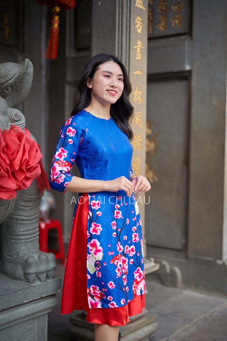 Pre-made Vietnamese Modernized Ao Dai in Blue and Floral Details, With ...