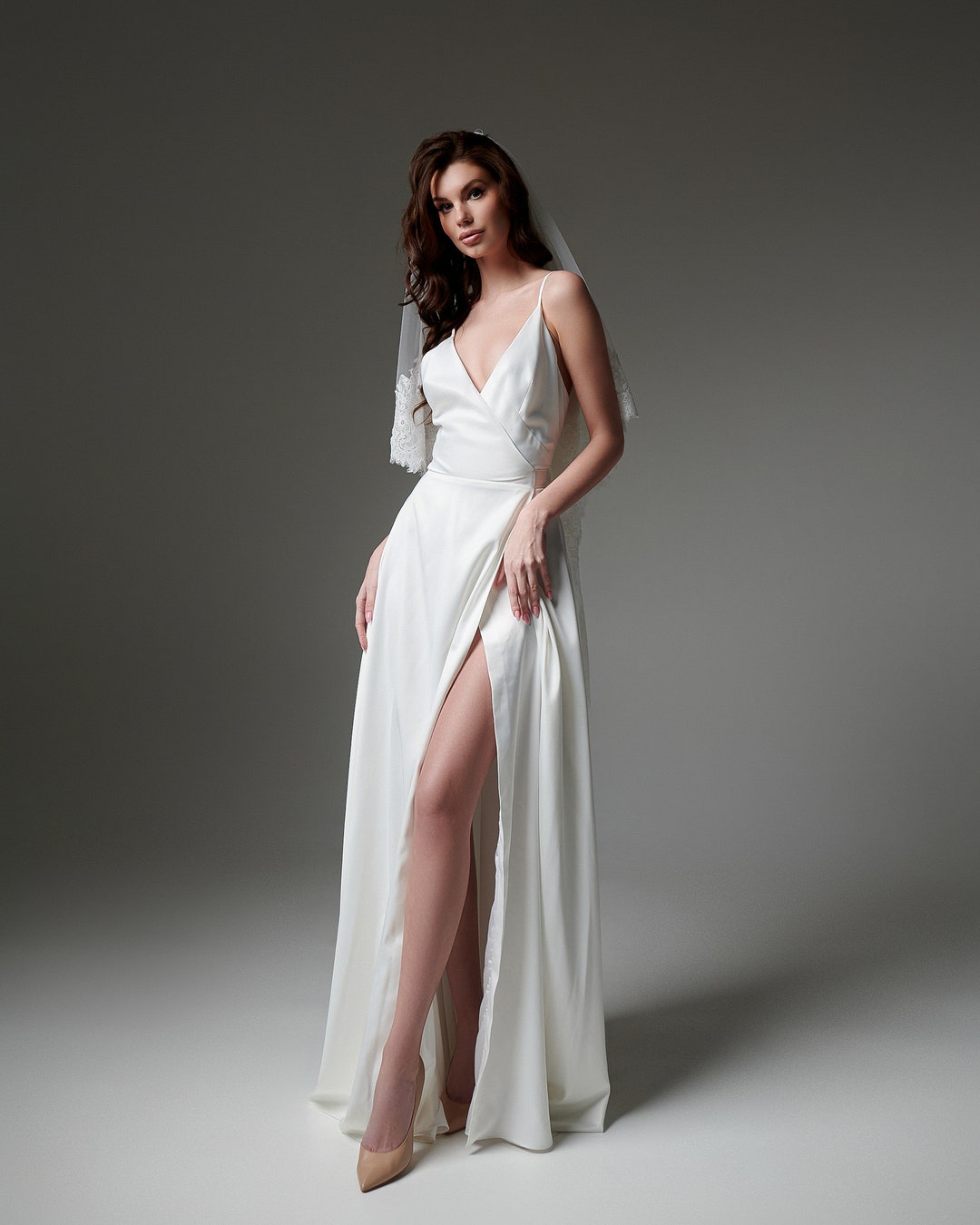Front Slit Wedding Dress Spaghetti Srap Dress Wrap Dress Wedding