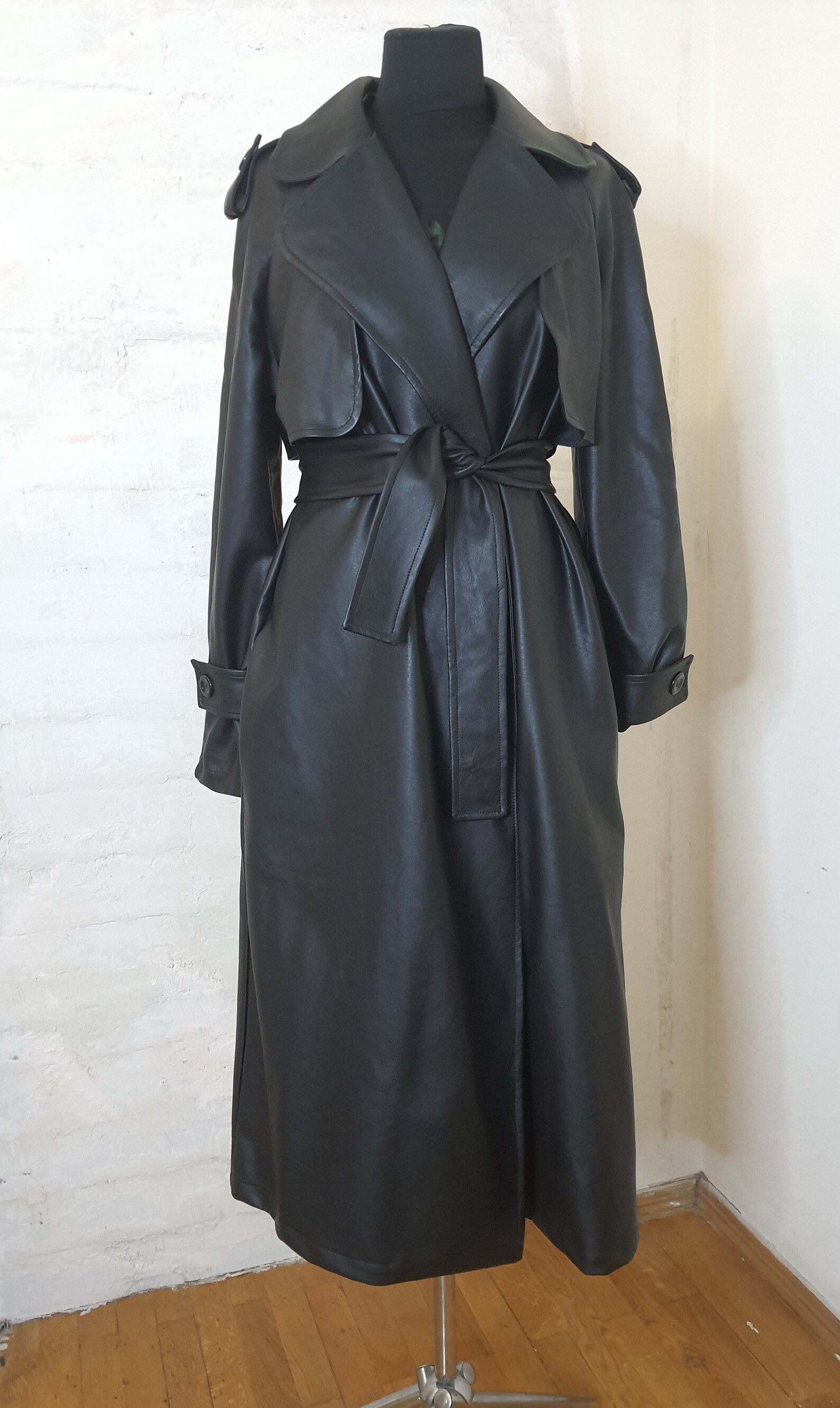 Eco Leather Trench Coat, Black Leather Trench, Vegan Leather Trench - Etsy