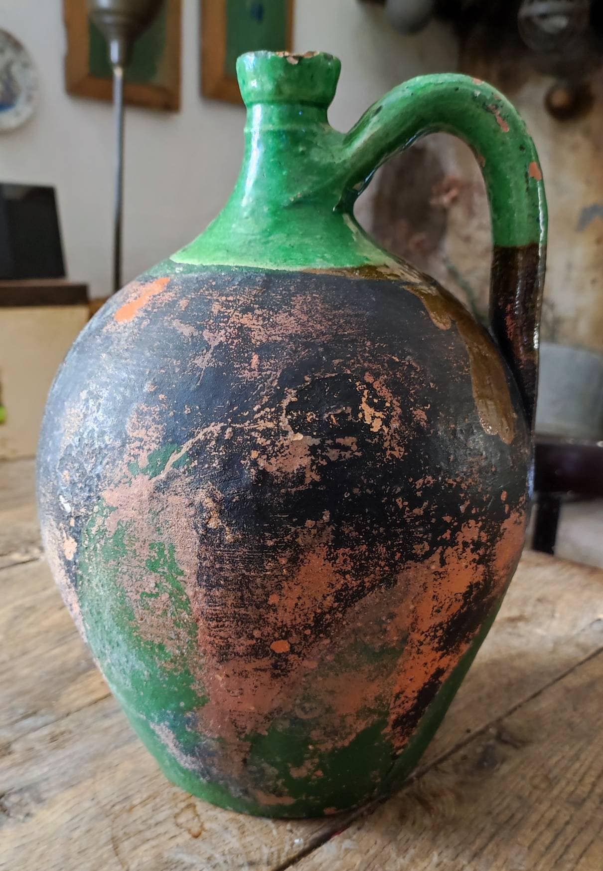 Cruche ancienne terre cuite émaillée vert - vintage français - Etsy France